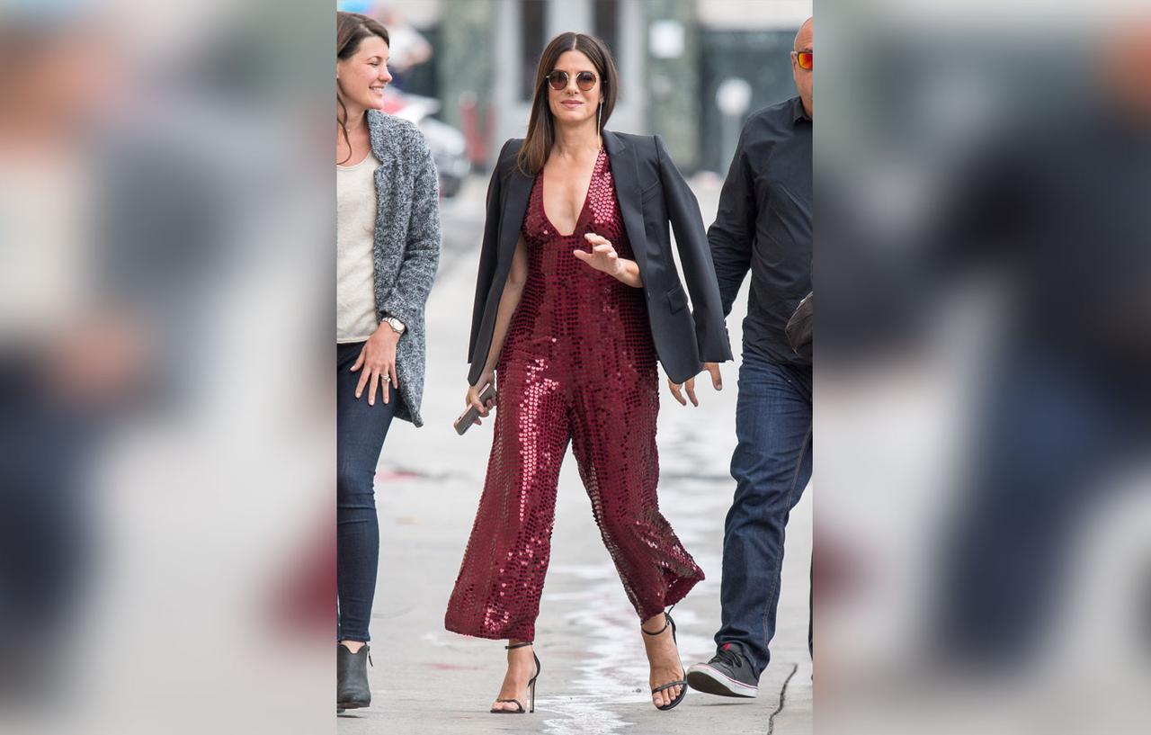 Sandra Bullock Wows In A Low-Cut Red Sequined Jumpsuit