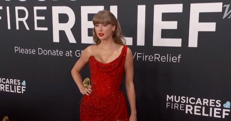 Taylor Swift Wears Sparkly Red Dress To 2025 Grammy Awards: Watch