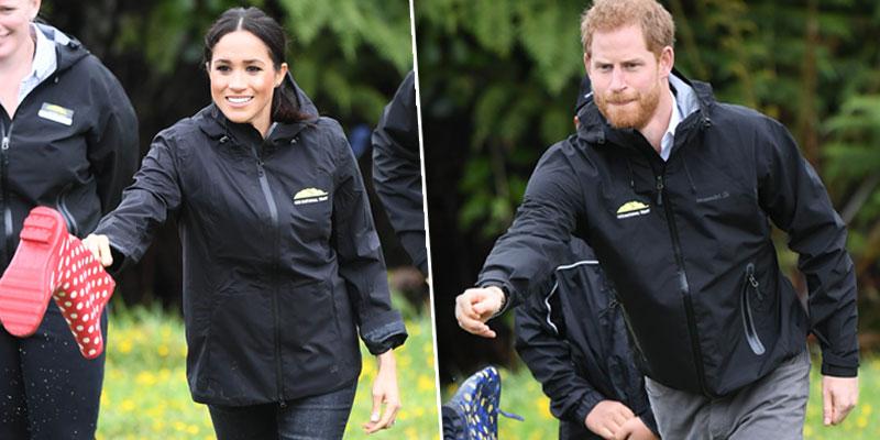 Meghan Markle & Prince Harry Throw Rainboots During ‘Welly Wanging'