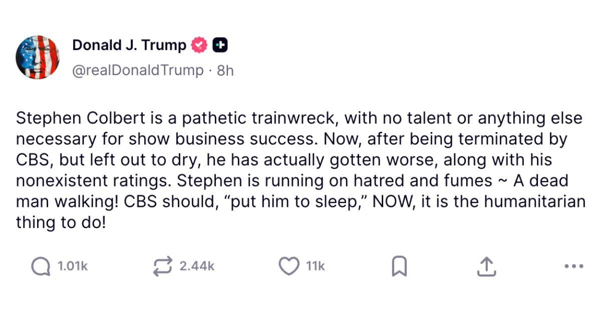 Donald Trump Demands CBS Cancel 'Trainwreck' Stephen Colbert's Show