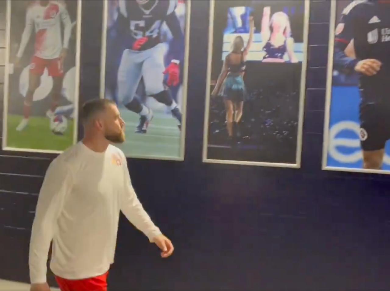 Travis Kelce Admires Taylor Swift Poster At Gillette Stadium: Watch