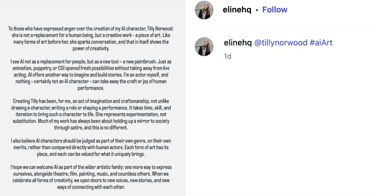 AI Actress Tilly Norwood Creator Defends Her After Backlash