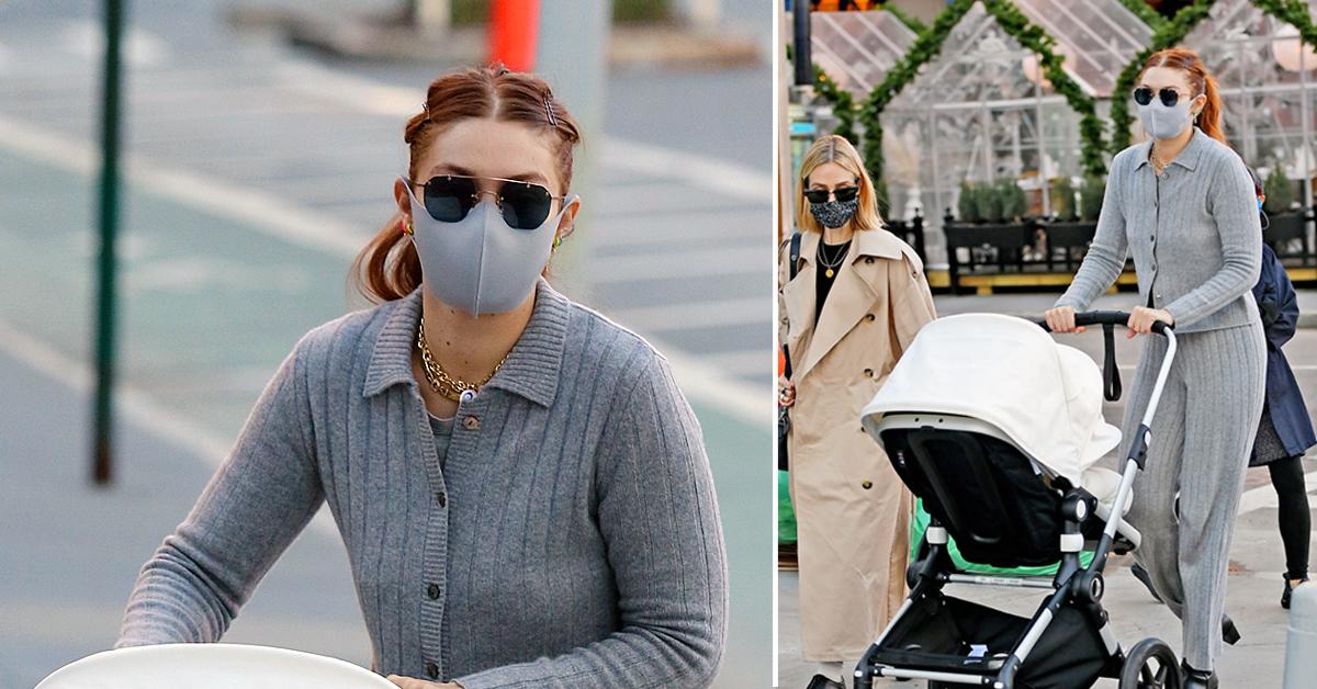 Gigi Hadid Wears Cozy Grey Sweater Set For Walk With Baby Khai