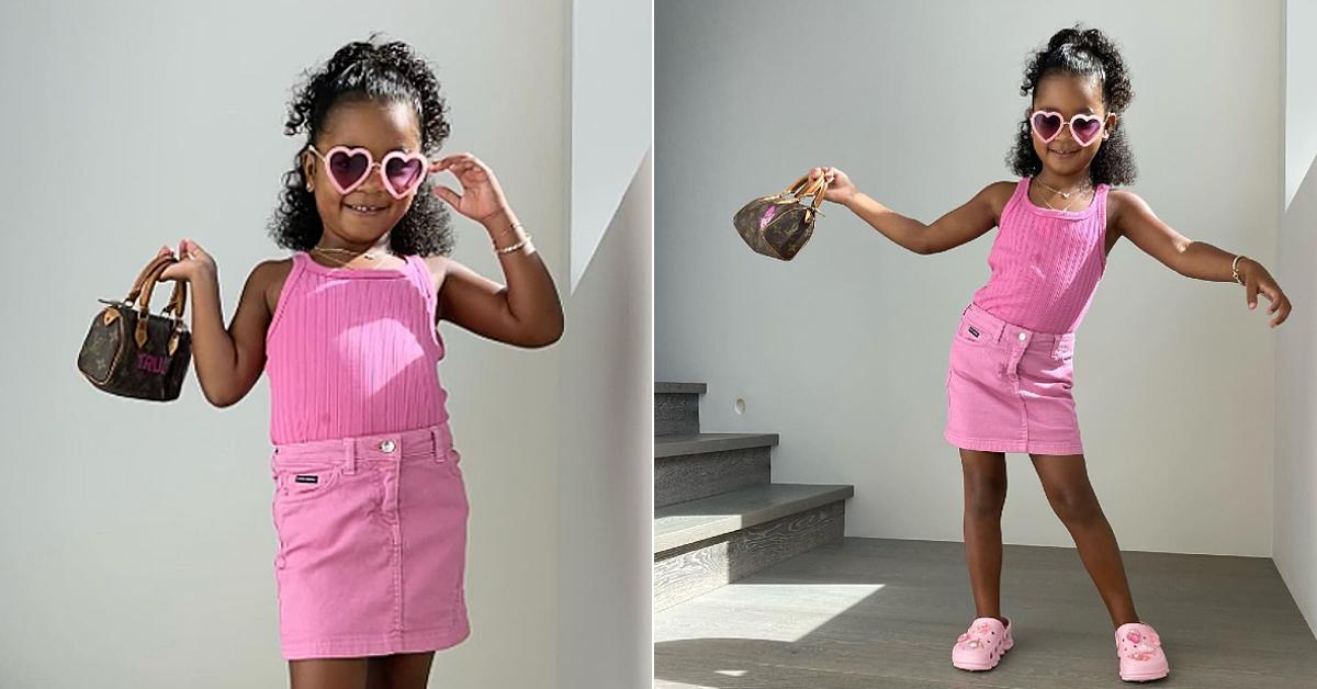 True Thompson Models Louis Vuitton Bag & All-Pink Outfit