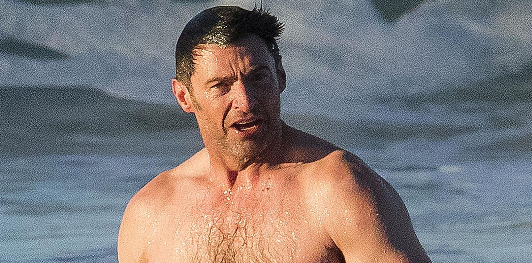 Hugh Jackman Goes Shirtless On The Beach With A Friend