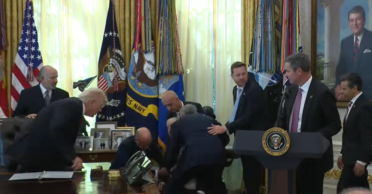 Donald Trump Stands As Man Faints Oval Office During Press Conference